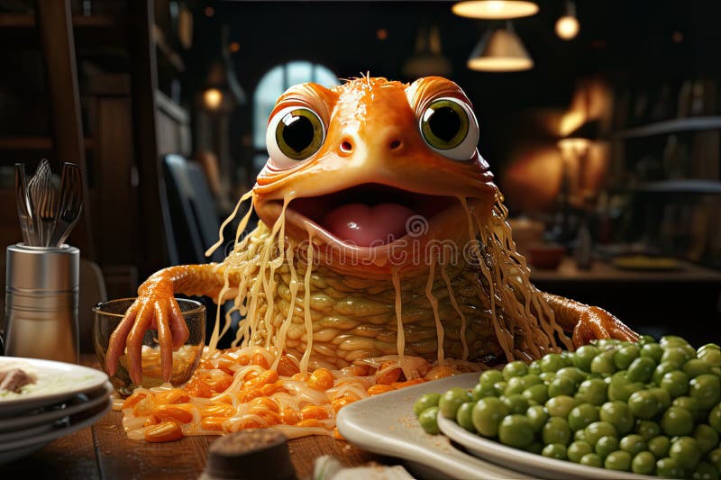 A Frog Eating Spaghetti and Peas Stock Illustration - Illustration of table, food: 340635296