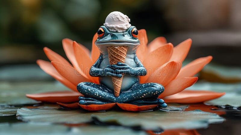 Frog Enjoying Ice Cream on a Lotus Flower Stock Illustration ...