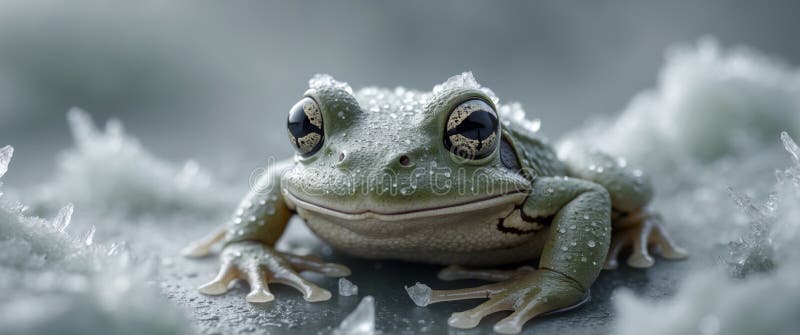 Frog Face Covered in Ice Crystals with Curious Expression in a Frozen ...