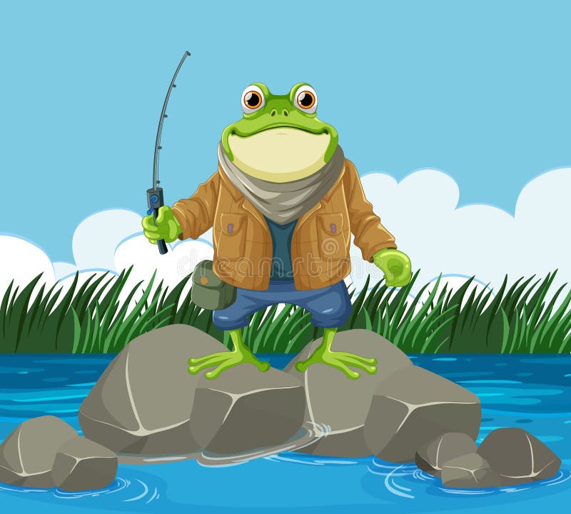 A frog fishing on rocks stock illustration. Illustration of pond ...