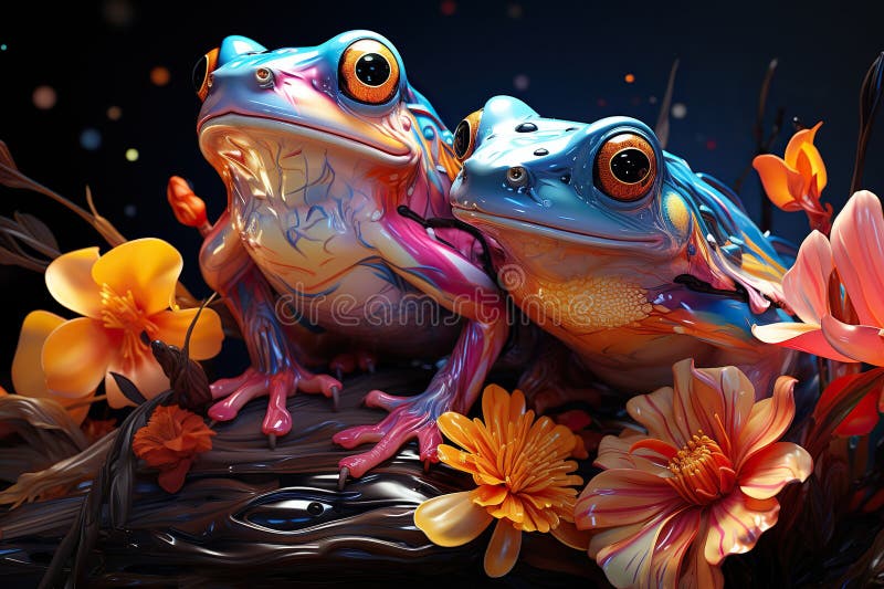 Frog and Flowers on a Black Background. 3d Rendering Stock Illustration ...