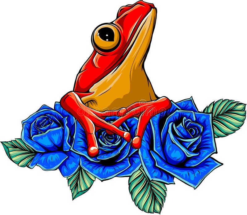 Frog with Leaves and Roses Black and White Sketch Vector Illustration ...