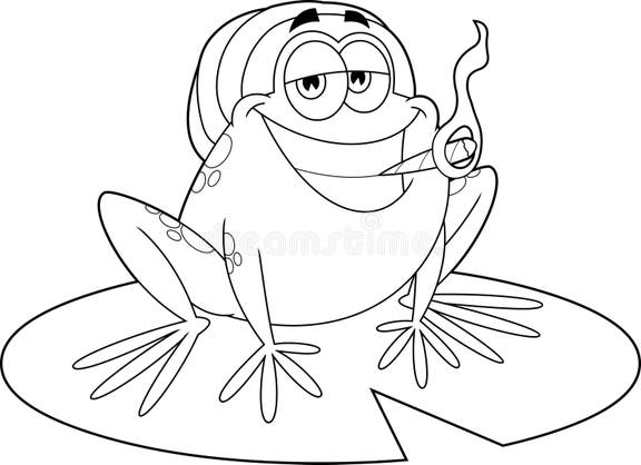 Outlined Smiling Frog Cartoon Character Sitting on a Leaf and Smoking a ...