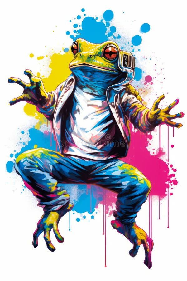 Frog with Helmet on and Jacket on, Standing in Front of Colorful ...