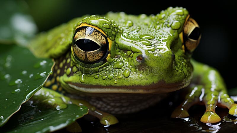 Frog Hiding from Rain Under a Leaf. Generative AI Stock Illustration ...