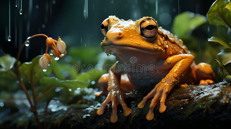 Frog Hiding from Rain Under a Leaf. Generative AI Stock Illustration ...