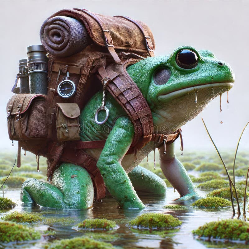 Frog with a Hiking Backpack in a Swamp. Stock Image - Image of camping ...