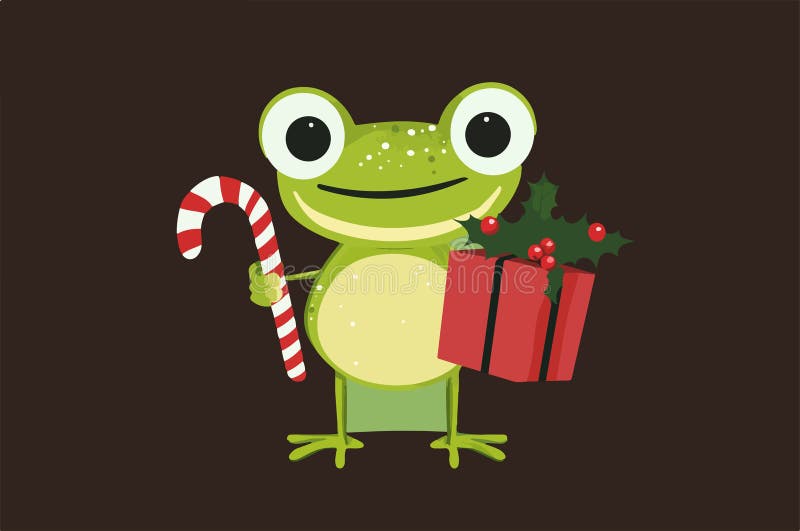 Frog Holding Candy Cane and Gift Box Stock Illustration - Illustration ...