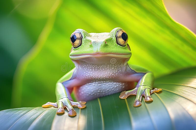 Frog on Leaf. Close-up of an Australian Green Tree Frog Stock ...