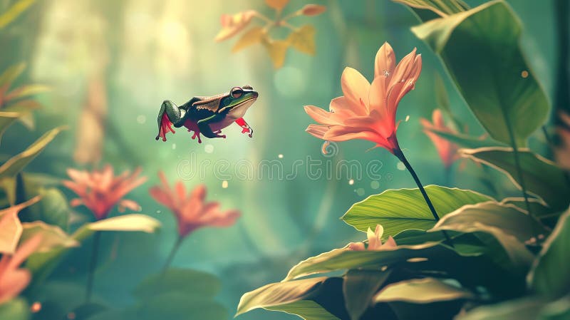 Frog Leaping through Lush Tropical Foliage in Sunlit Jungle Dreamscape ...