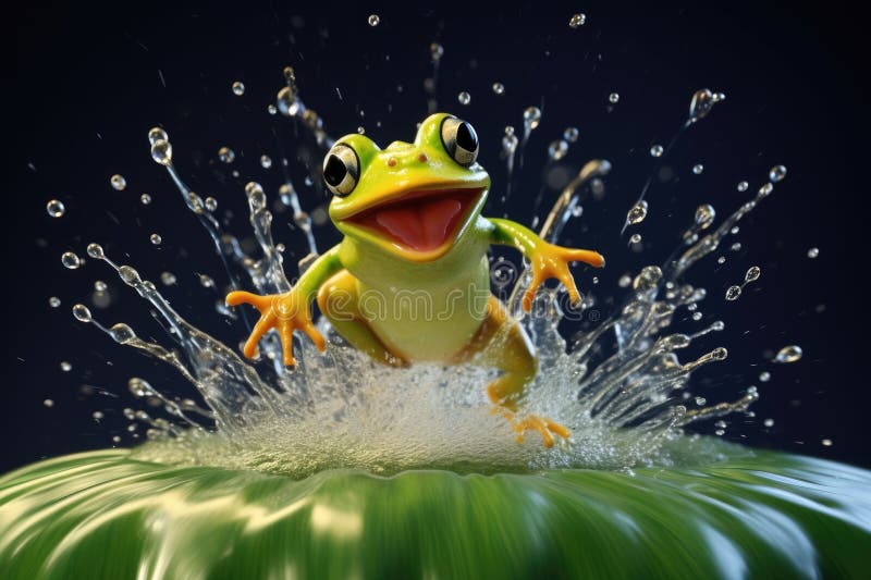 Frog on a Lily Pad with a Raindrop Splash, Showcasing Dynamic Water ...
