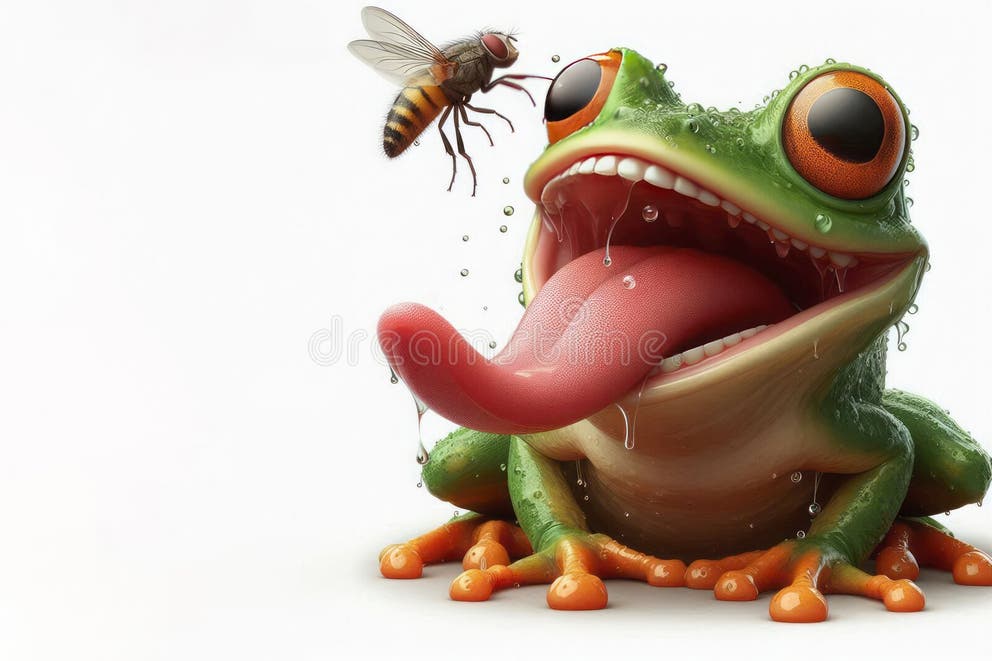 A Frog with a Long Tongue Catches a Fly. Space for Text. Stock Image ...