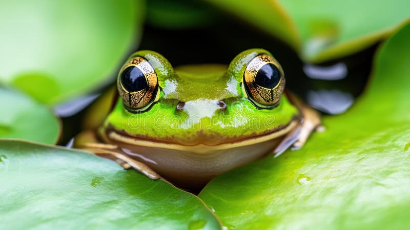 A Frog Peeking Out from Behind a Leaf in the Water, AI Stock Photo ...