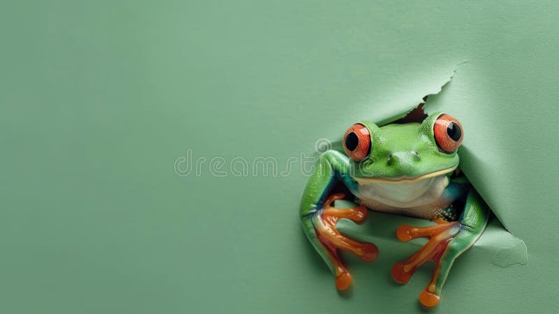 A Frog is Peeking Out from a Hole in a Light Green Paper Stock Photo ...