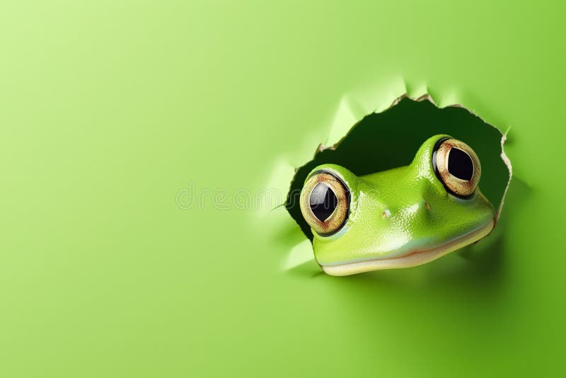 Frog Peeks in Surprise through a Hole in the Paper on a Pastel Green ...