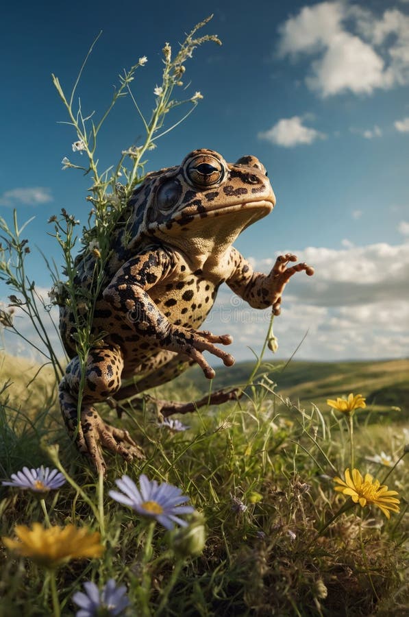 Spectacular Toad Leaping among Wildflowers Under a Sunny Sky Stock ...
