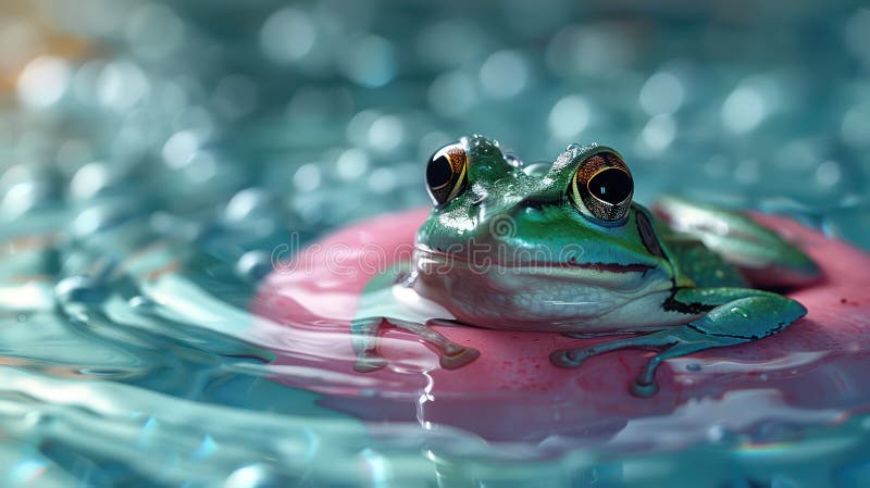 Frog on Pink Swimming Ring Floats in Pool, Summer Time Background ...