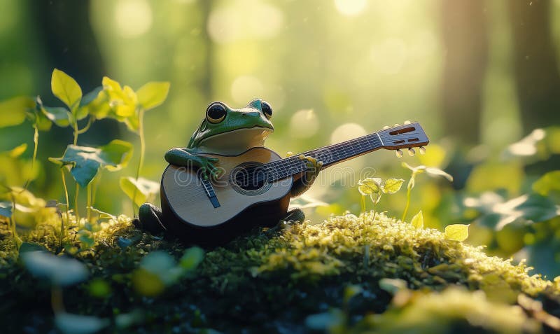 Frog Playing Guitar in Serene Forest Setting with Soft Sunlight and ...