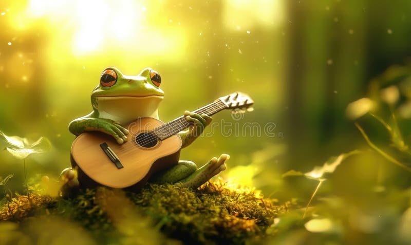 Frog Playing Guitar in a Sunlit Forest Setting with Vibrant Greenery ...