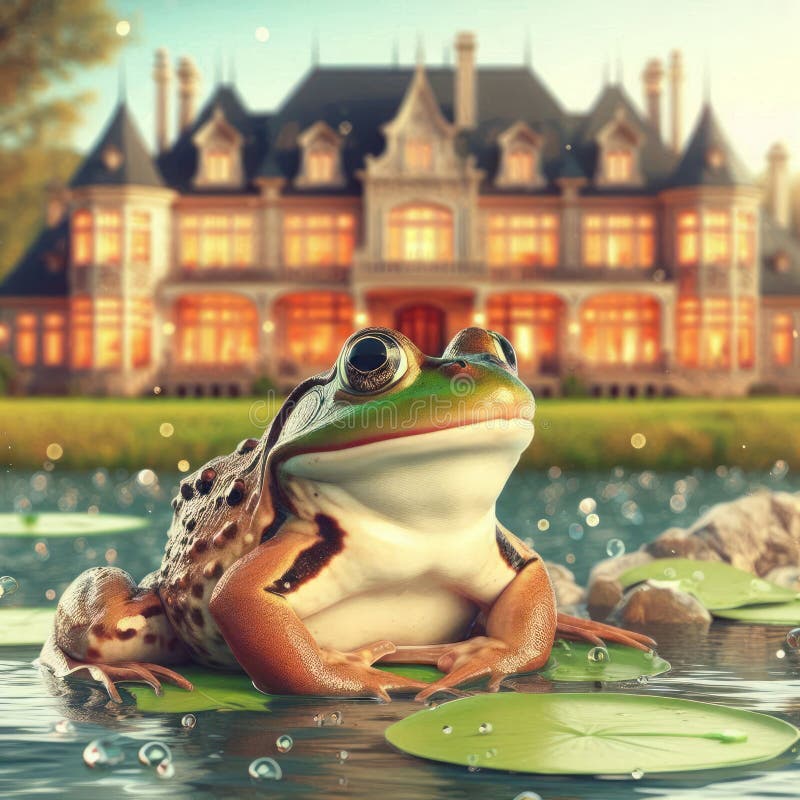 A Frog in the Pond in Front of the Mansion. Stock Image - Image of ...