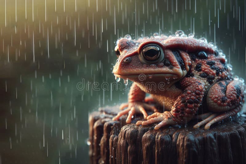 A Frog in the Rain on an Old Stump. Stock Image - Image of wood ...