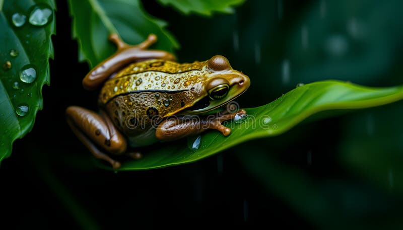 Frog in the Rain. in Top of Leaf Stock Illustration - Illustration of ...