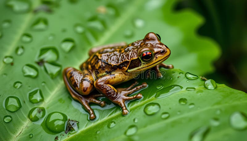 Frog in the Rain. in Top of Leaf 2 Stock Illustration - Illustration of ...
