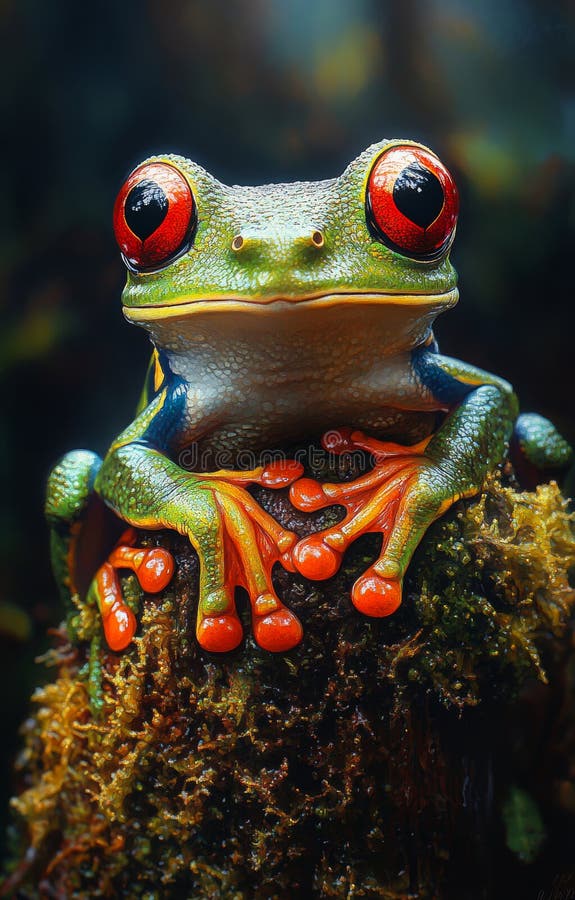 A Frog with Red Eyes and Orange Feet is Sitting on a Log Stock Image ...