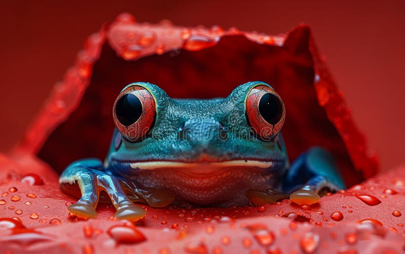 A Frog with Red Eyes is Sitting in a Red Leaf. the Frog is Looking at ...