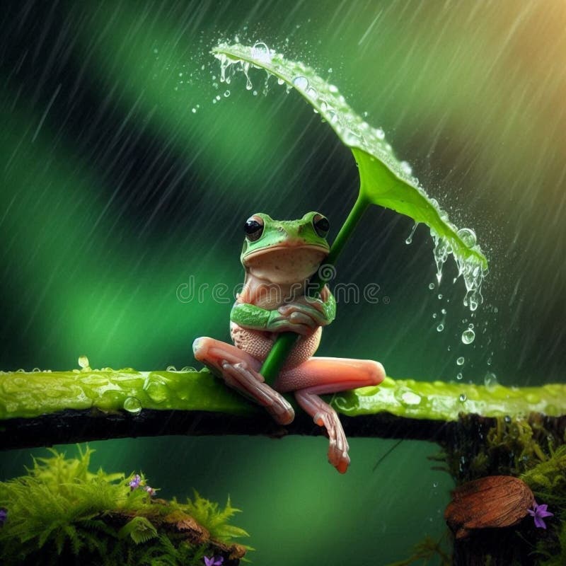 A Frog Sat on the Branch Holding a Leaf As an Umbrella As Drizzling in ...