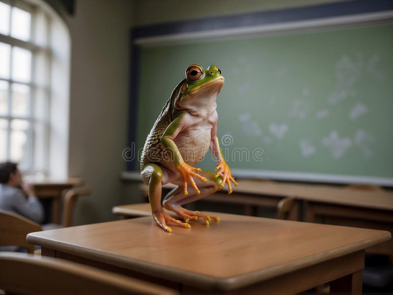 Frog on a school table stock illustration. Illustration of green ...