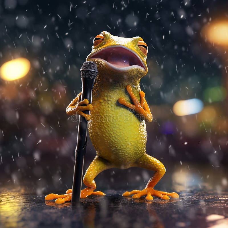 Frog singing in the rain. stock illustration. Illustration of cute ...