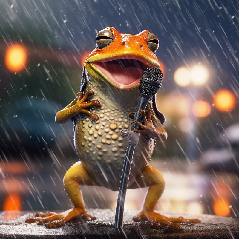 Frog singing in the rain. stock illustration. Illustration of cute ...
