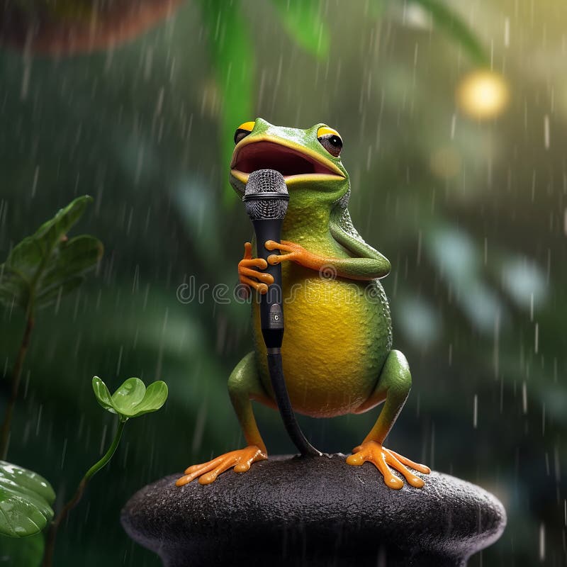 Frog singing in the rain. stock illustration. Illustration of character ...