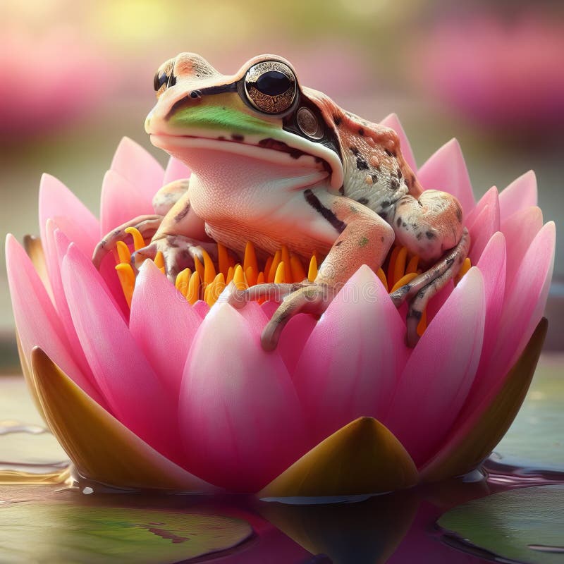 Frog Sits on a Lotus Flower Stock Photo - Image of flower, cartoon ...