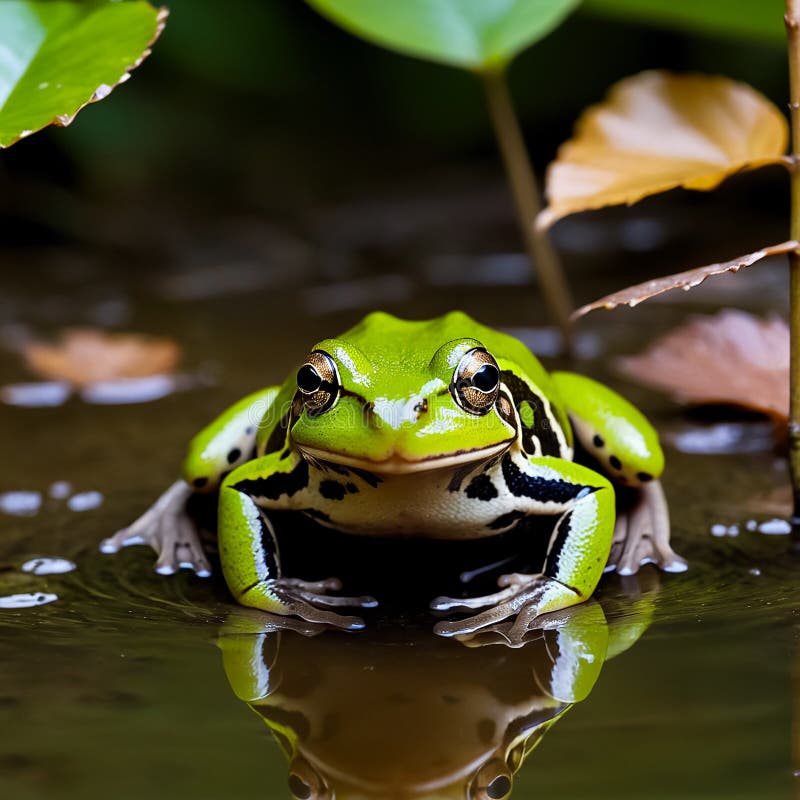 A Frog Sits in a Puddle Under the Leaves. Generative AI Stock ...