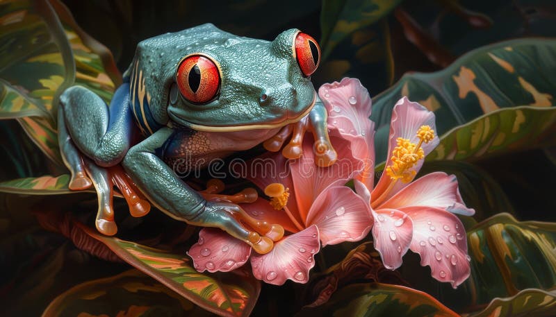 A Frog is Sitting on a Flower with Red Petals by AI Generated Image ...