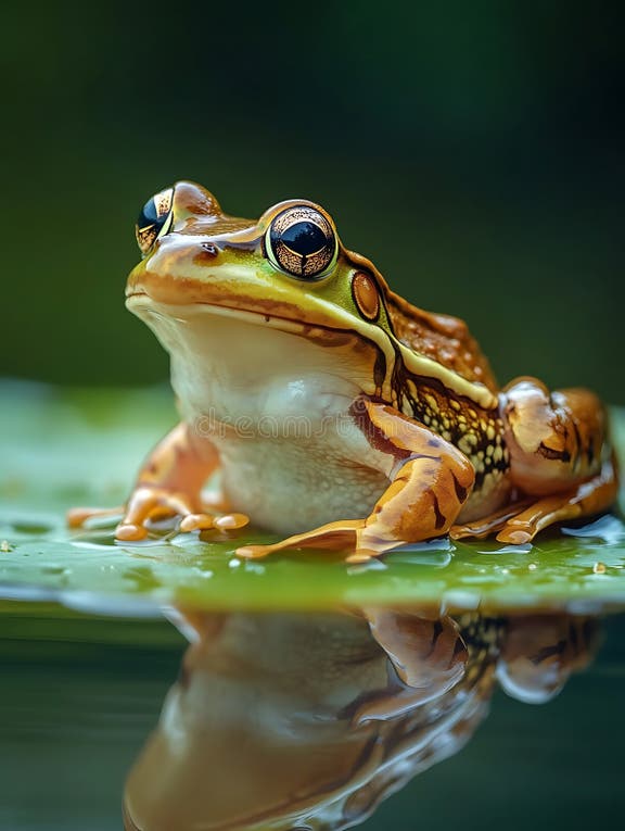 Frog Sitting on a Leaf with Reflection in Water Stock Illustration ...