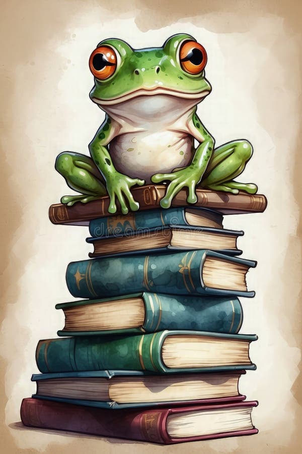 Frog Sitting on a Pile of Books. Hand Drawn Illustration Stock ...