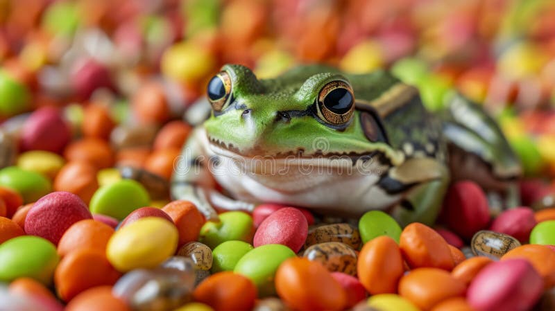 A Frog Sitting on a Pile of Candy Beans and Other Candies, AI Stock ...