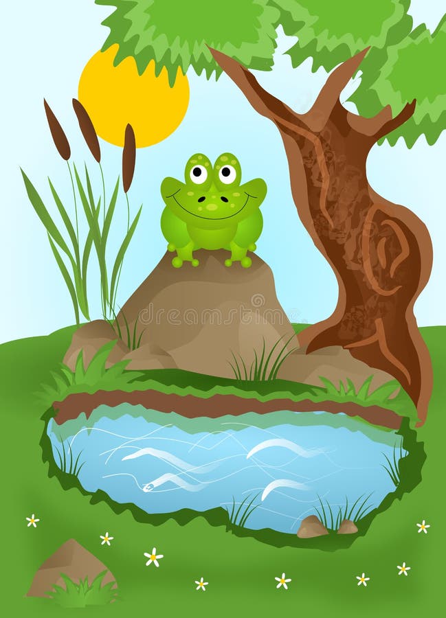 Frog sitting by pond stock illustration. Illustration of child - 70452865