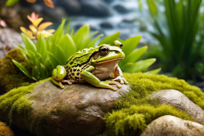 Frog Sitting on Rock with Moss and Plants Behind it. Generative AI ...