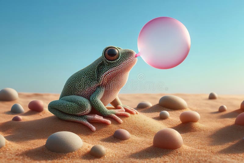 A Frog Sitting in the Sand Blowing a Bubble, Pop Surrealism Stock Photo - Image of fantasy ...