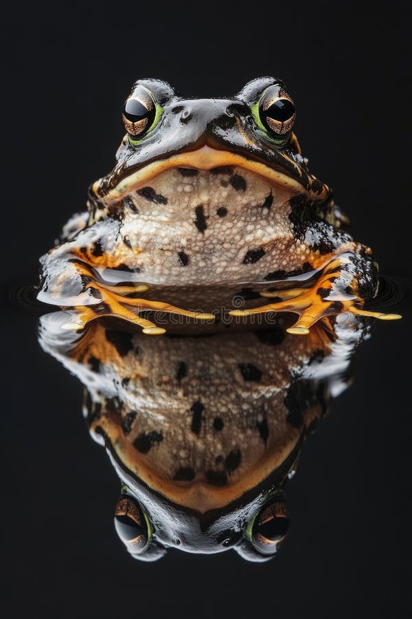 A Frog Sitting on the Surface of a Puddle of Water, with Reflections ...