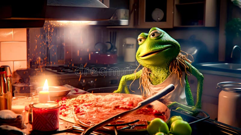 Frog Sitting at Table with Pizza in Front of Him in Kitchen. Generative ...