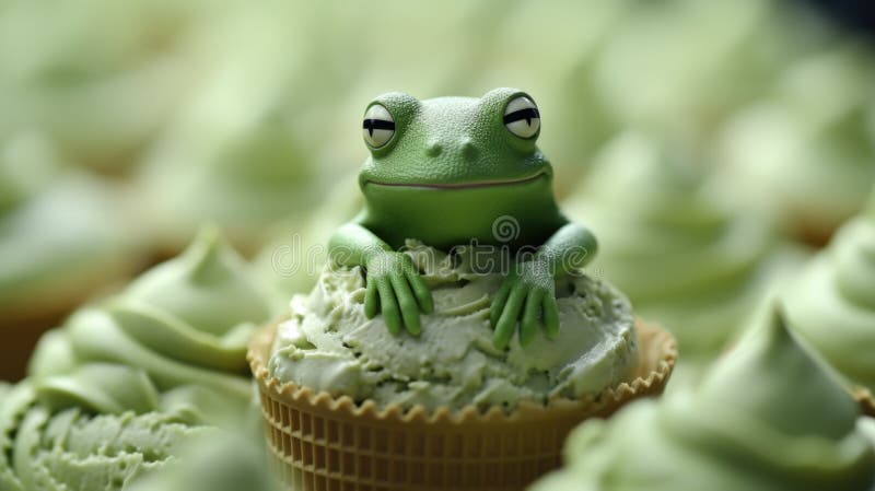 A Frog Sitting on Top of a Green Ice Cream, AI Stock Photo - Image of ...