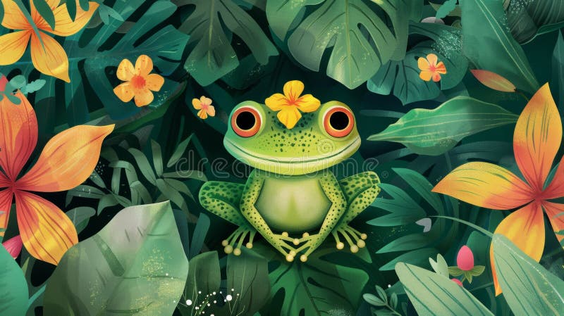 A Frog Sitting in a Tropical Jungle Surrounded by Flowers, AI Stock ...