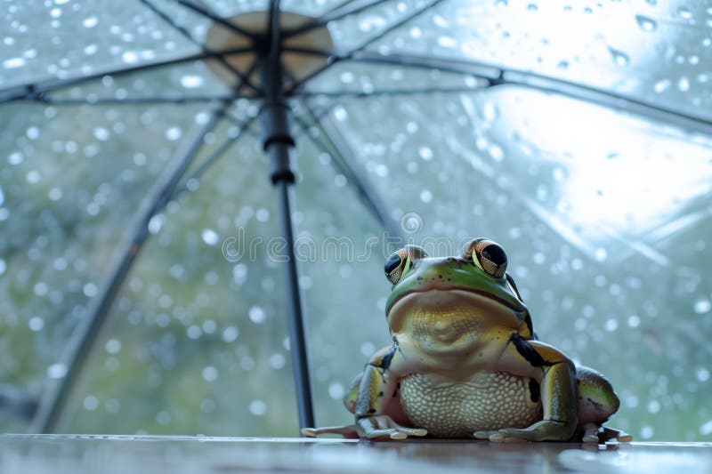 A Frog Sitting Under a Clear Umbrella, Raindrops Visible Stock Image ...