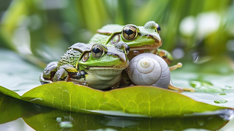 Frog and Snail Sitting Under Leaf, Generative AI Stock Illustration ...