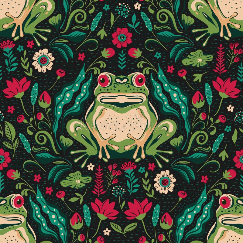 Frog Toad Wizard Detailed Nature Swamp Flower Seamless Pattern Vector ...
